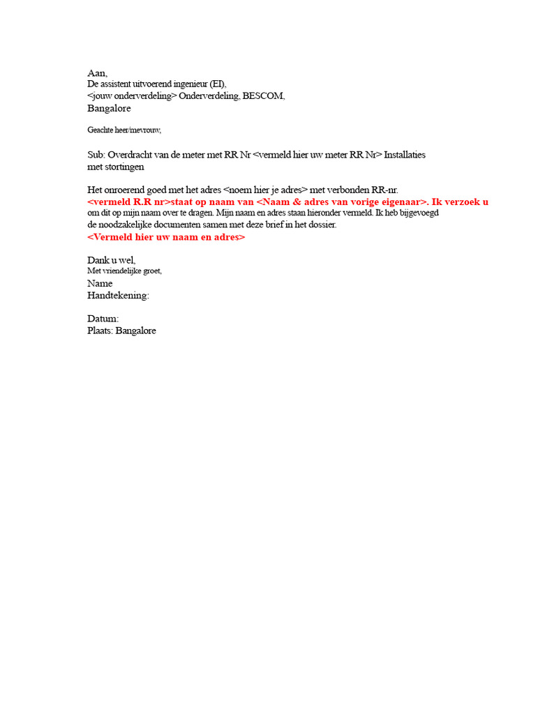 Brief voor BESCOM Meteroverdracht | PDF