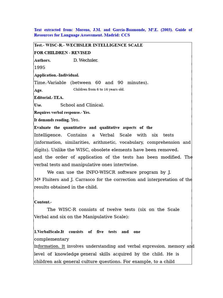 WISC-R (Wechsler Intelligence Scale For Children) | PDF | Wechsler Adult Intelligence Scale ...