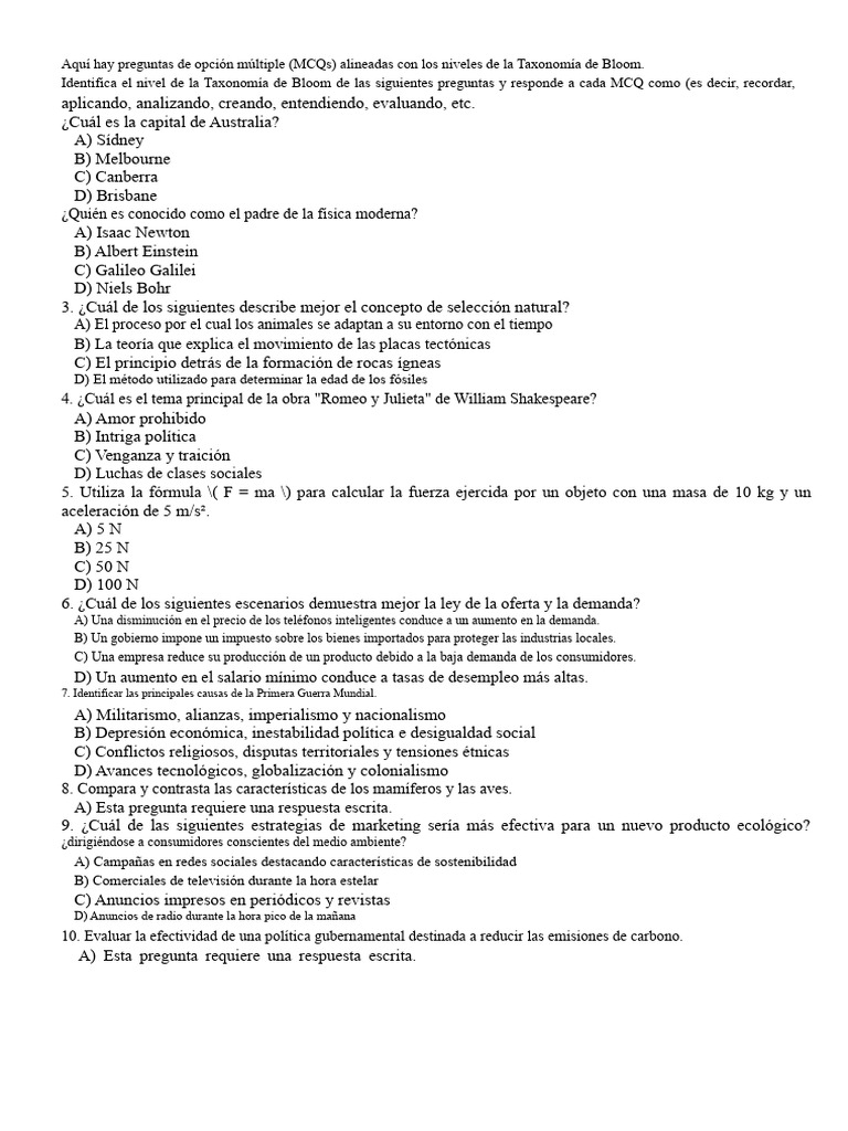 Preguntas de Opción Múltiple y Taxonomía de Bloom | PDF | Cognición ...