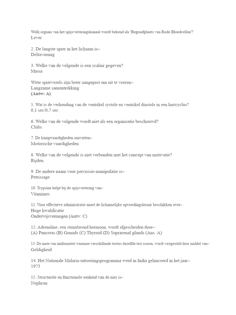 Lichamelijke Opvoeding Docent 100 Vragen (MCQ) | PDF