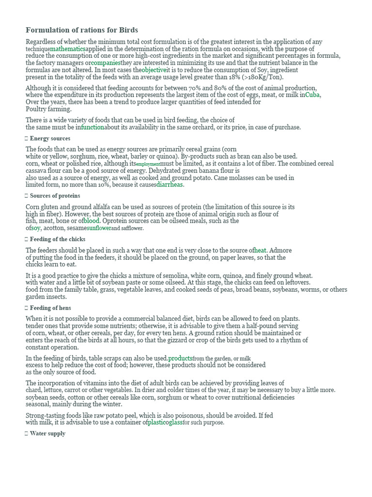 Formulation of Rations for Birds.docx | PDF | Foods | Animal Feed