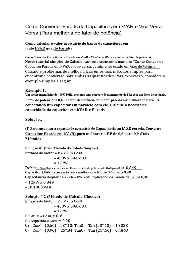 Como converter Farads de capacitores em KVAR | PDF | Capacitor | Potência (Física)