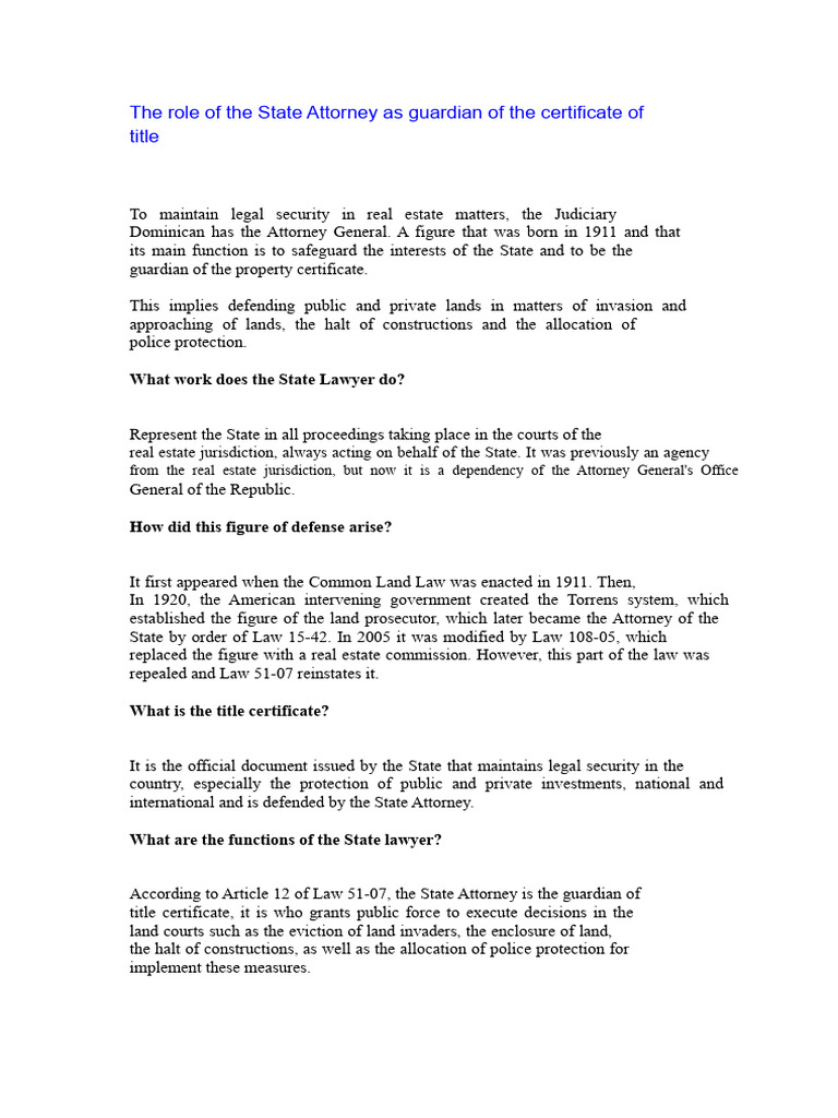 The Role of The State Lawyer As Guardian of The Title Certificate | PDF