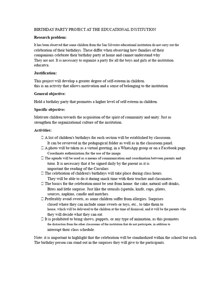 Birthday Party Project at The Educational Institution | PDF | Social ...