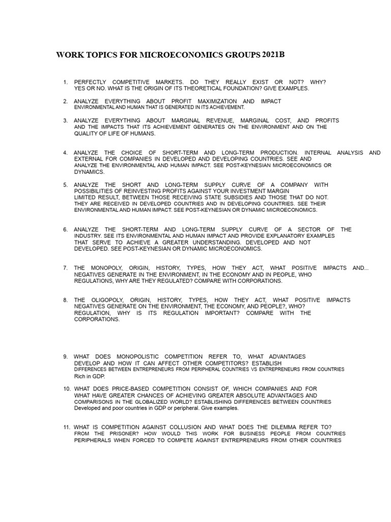 WORK TOPICS FOR MICROECONOMICS GROUPS | PDF | Microeconomics | Profit ...