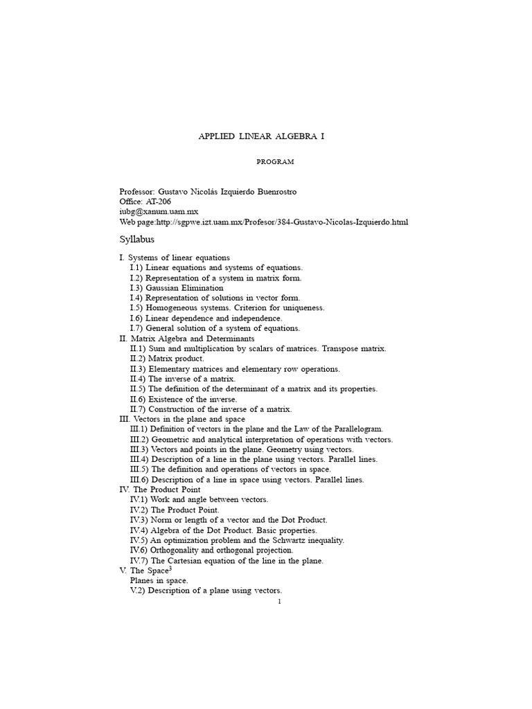 Applied Linear Algebra I Syllabus | PDF | Matrix (Mathematics) | Vector ...
