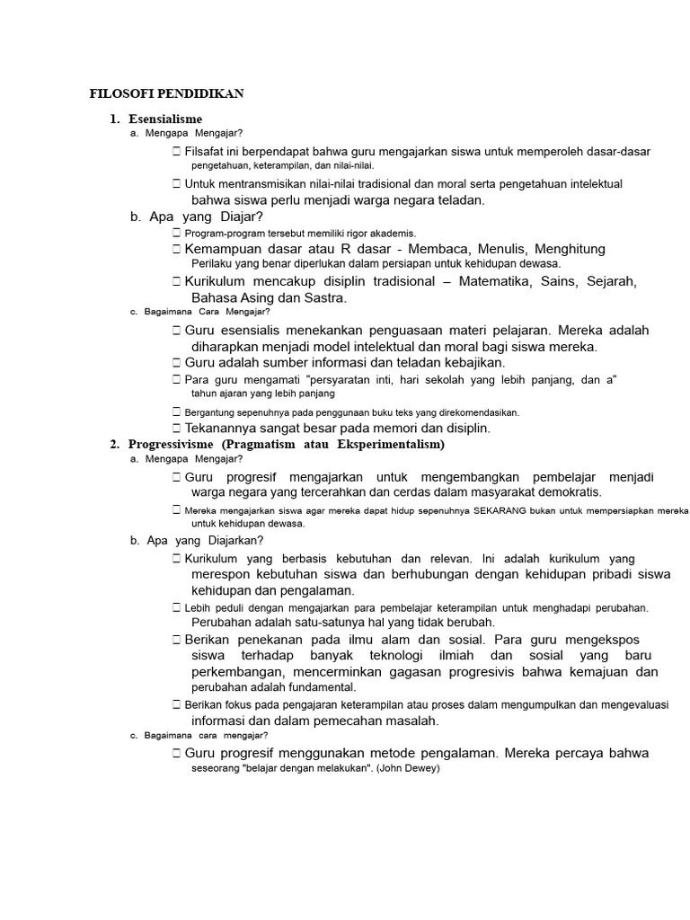 Filosofi Pendidikan: Esensialisme hingga Behaviorisme | PDF