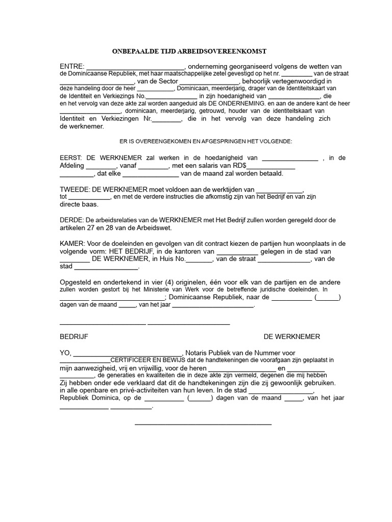Arbeidsovereenkomst Voor Onbepaalde Tijd | PDF