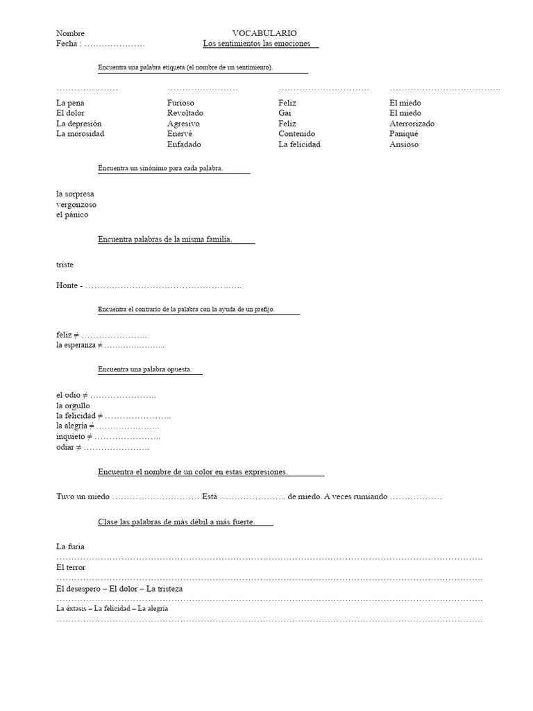 Evaluación de Vocabulario - Los Sentimientos | PDF