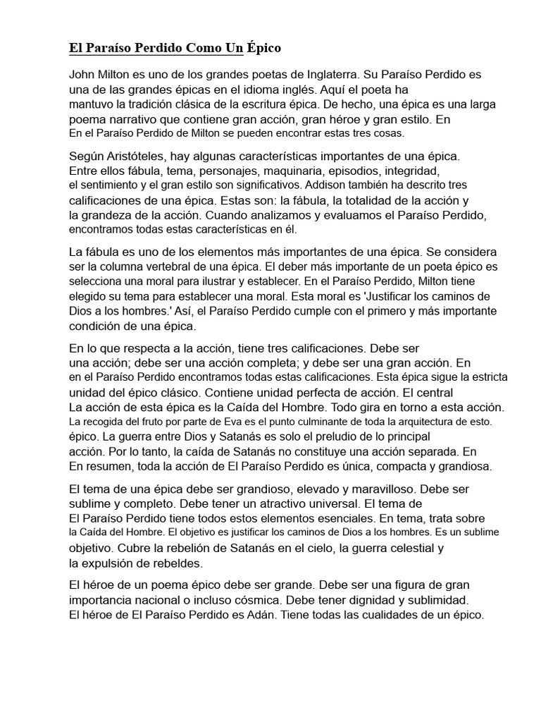 El Paraíso Perdido Como Una Épica | PDF | paraíso perdido | John Milton