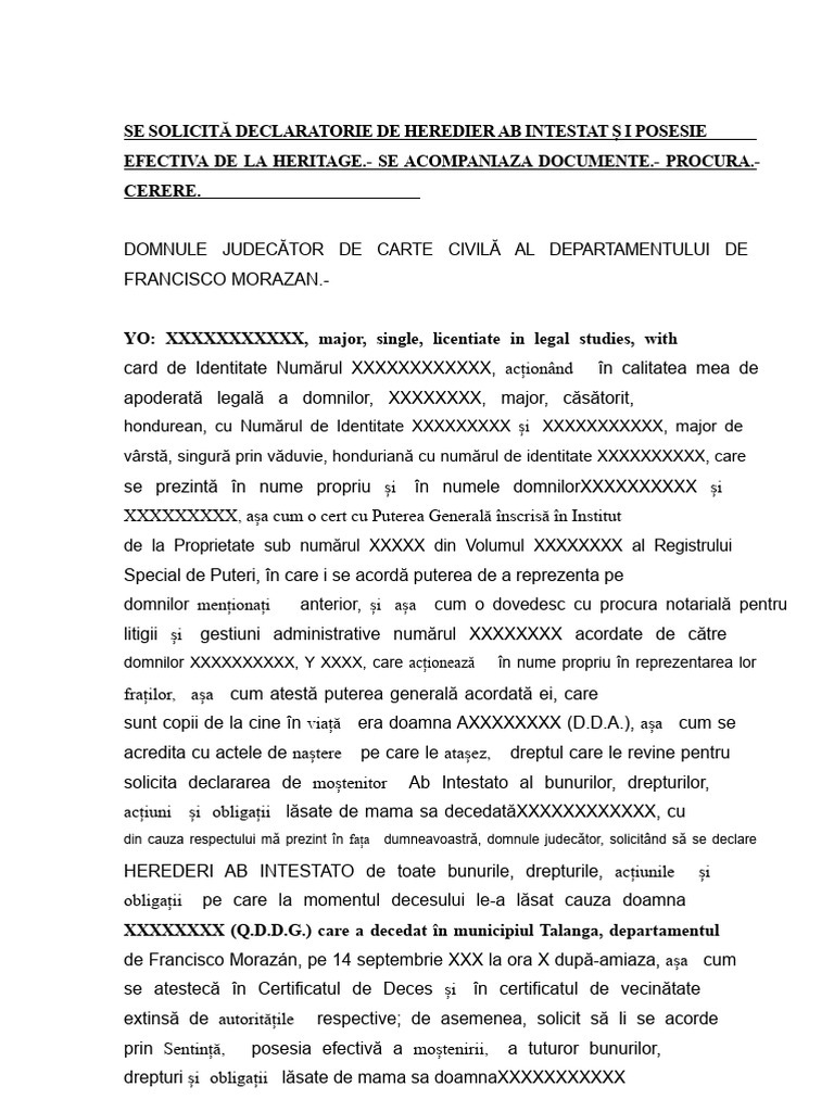 Se Solicită Declararea de Moștenitor Ab Intestat Și Posesia Efectivă A ...
