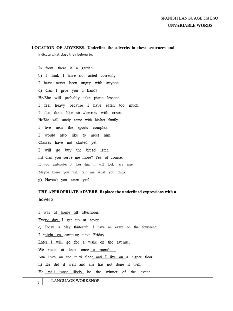 Spanish Adverbs and Prepositions Exercises | PDF | Adverb | Adjective