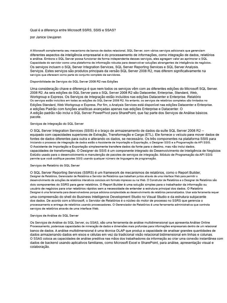 SSRS, SSIS e SSAS | PDF | Microsoft SQL Server | Inteligência empresarial