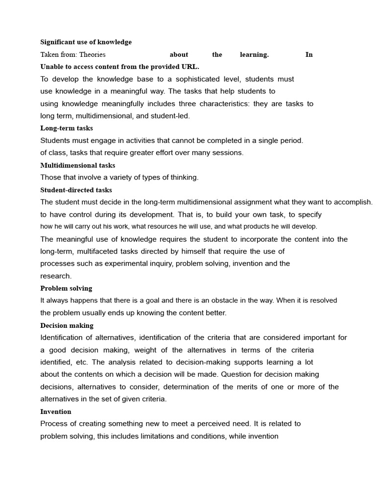 Meaningful Knowledge Use in Education | PDF | Thought | Knowledge