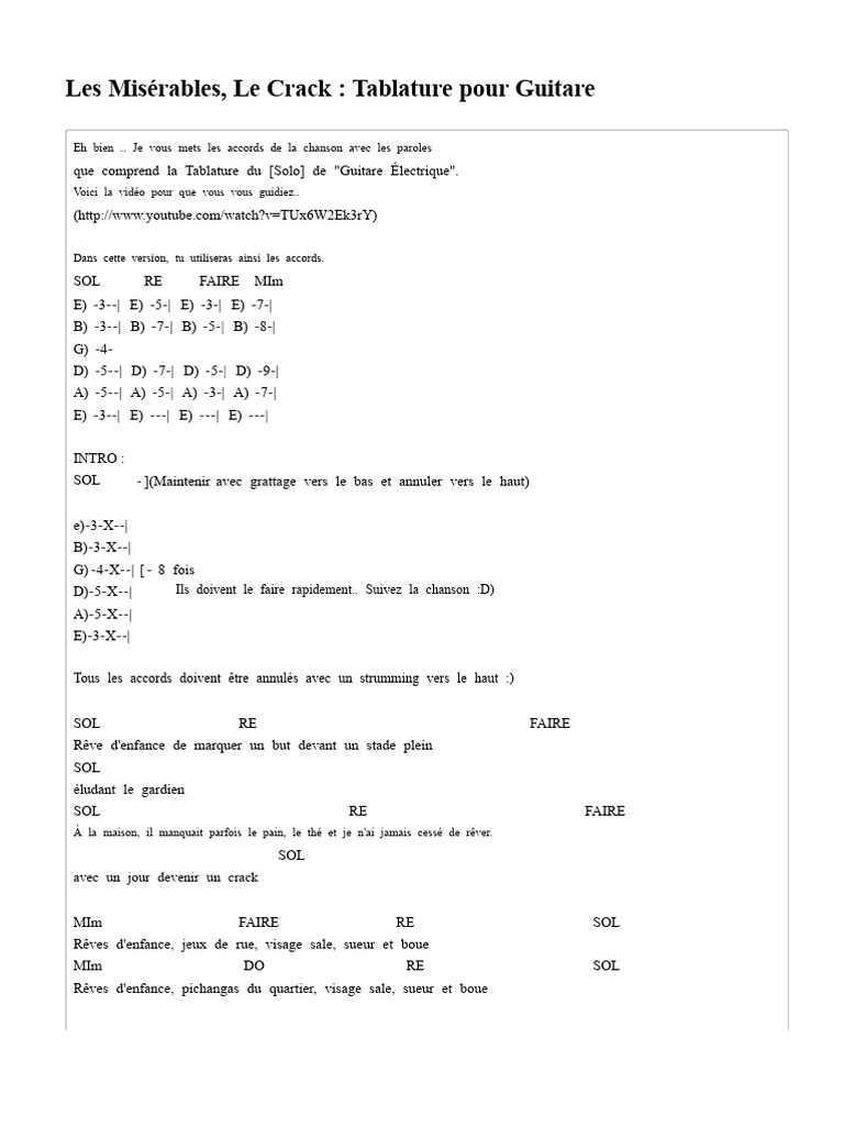 Tablature Guitare "Le Crack" - Les Misérables | PDF