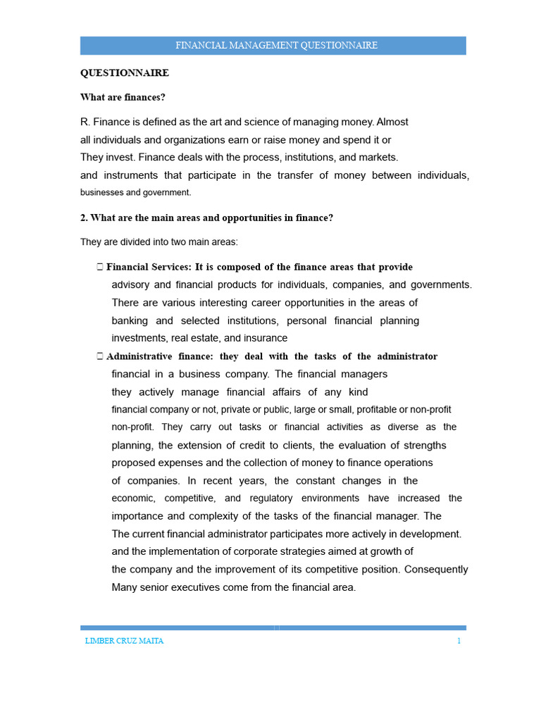 Financial Management Overview Questionnaire | PDF | Interest | Debt
