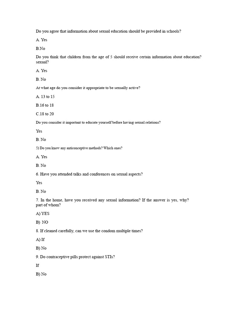 Sexual Education Questionnaire 9 Questions | PDF