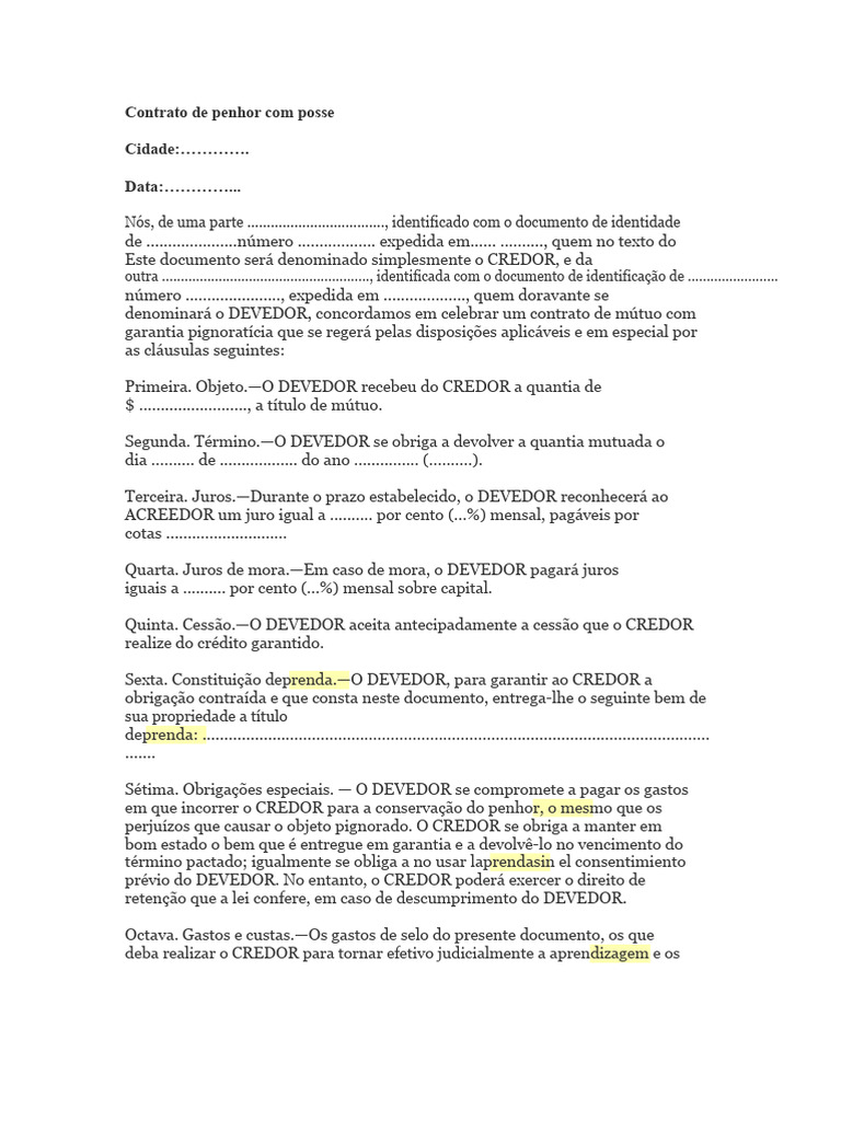 Contrato de penhor com posse | PDF | Crédito | Finanças e Administração ...