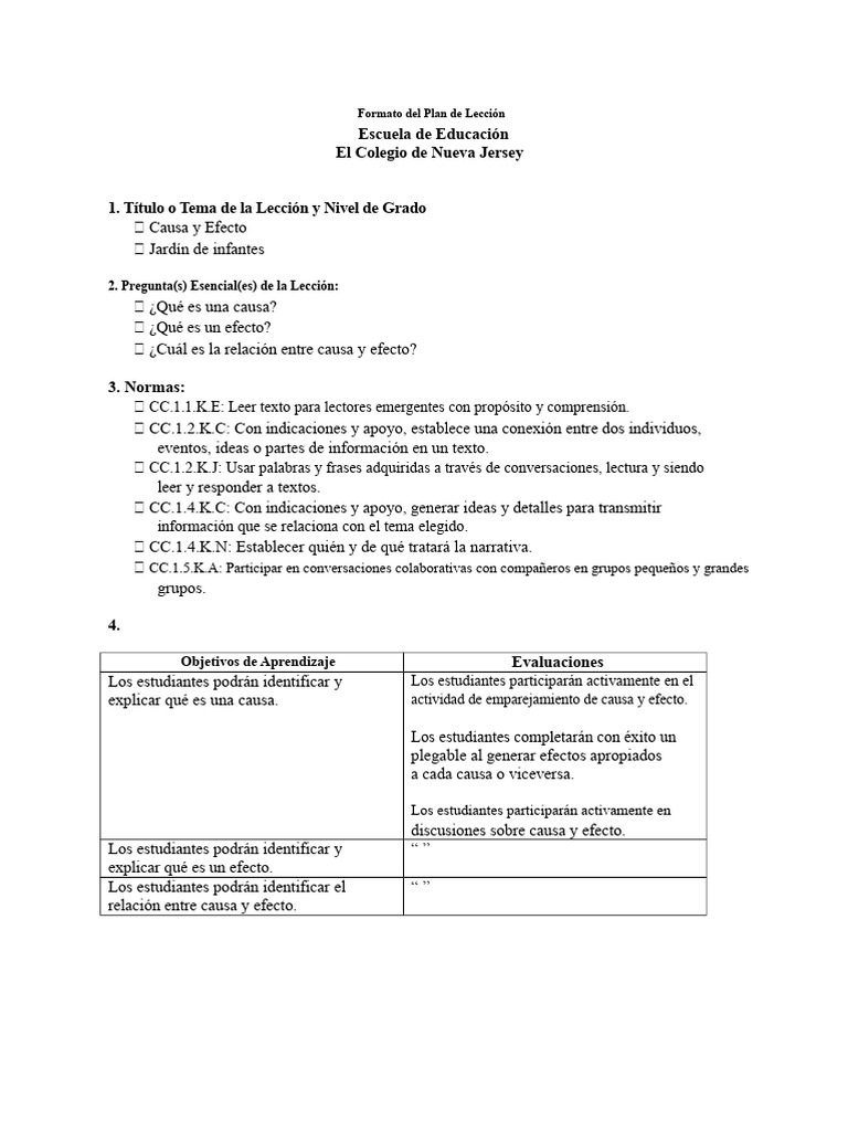 Lección sobre Causa y Efecto para Kínder | PDF | Educación de la ...