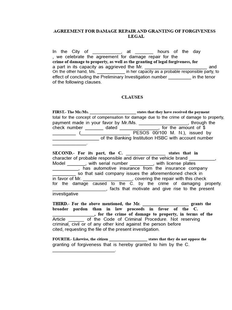Agreement For Damage Repair and Granting of Legal Forgiveness 2 | PDF ...