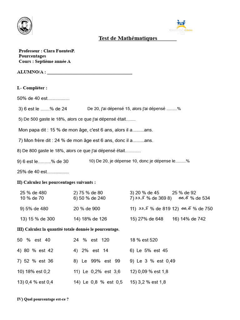 Test de Mathématiques : Pourcentages 7e A | PDF | Pourcentage