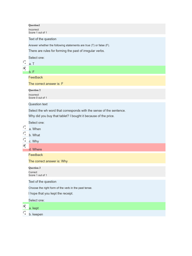 English Grammar Quiz on Past Tenses | PDF | Question | Verb