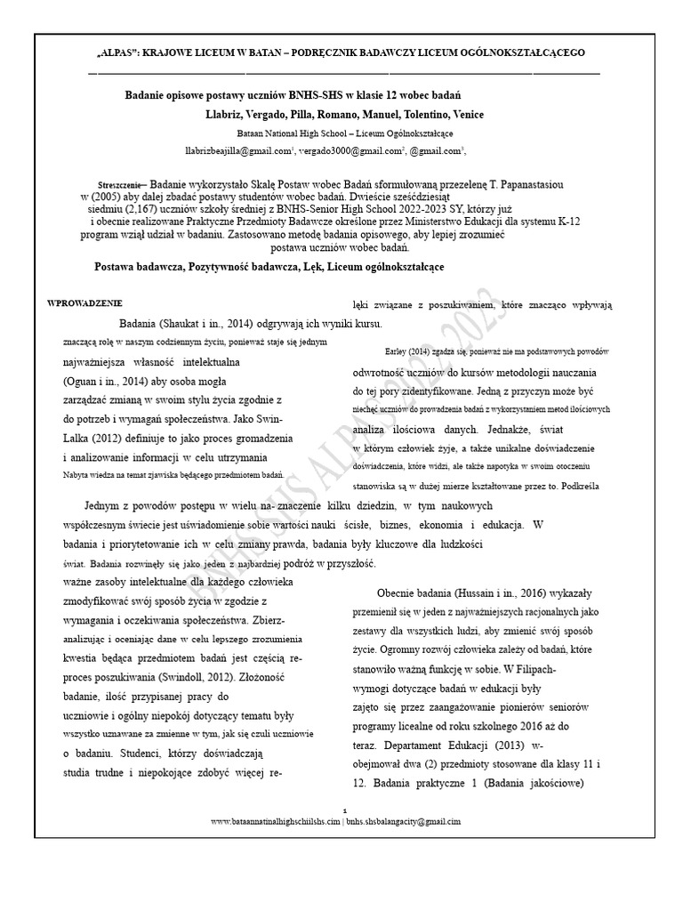 Opisowe Badanie Postaw Uczniów Klasy 12 BNHS-SHS Wobec Badań | PDF