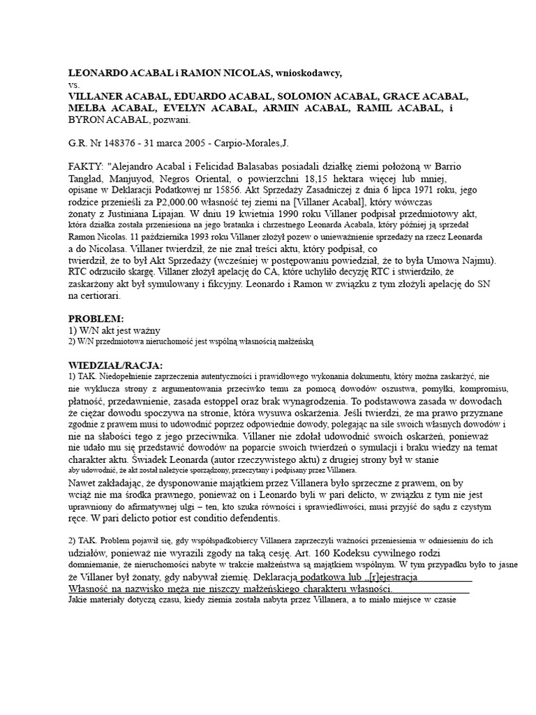Acabal V Acabal Digest Majątkowy | PDF