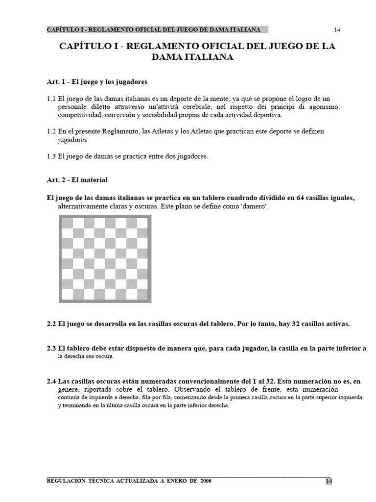 Reglamento del Juego de Dama Italiana | PDF | Juegos de mesa | Ajedrez