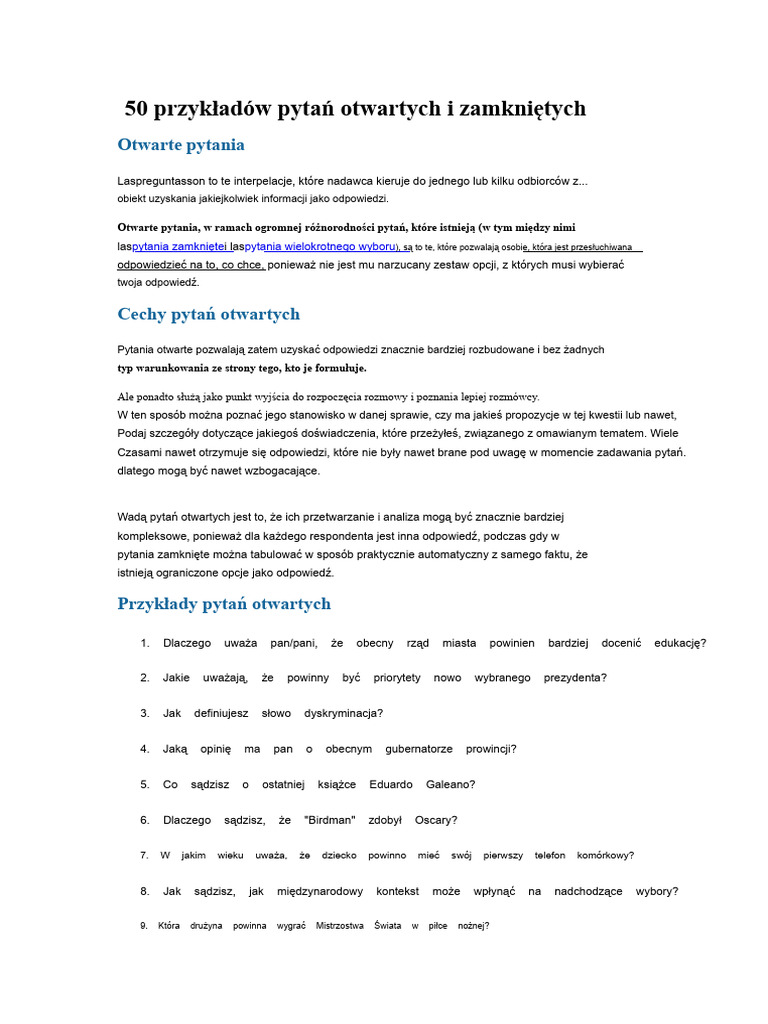 50 Przykładów Pytania Otwarte I Zamknięte | PDF