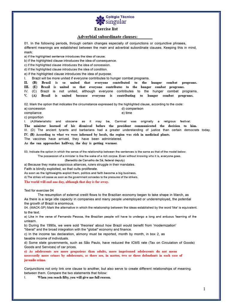 List of Exercises With Answer Key - Adverbial Subordinate Clauses | PDF ...