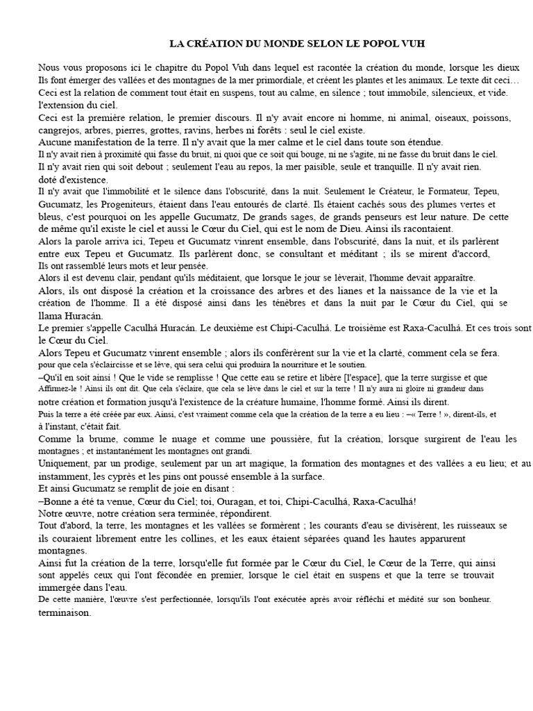 Création du monde dans le Popol Vuh | PDF | Récit originel