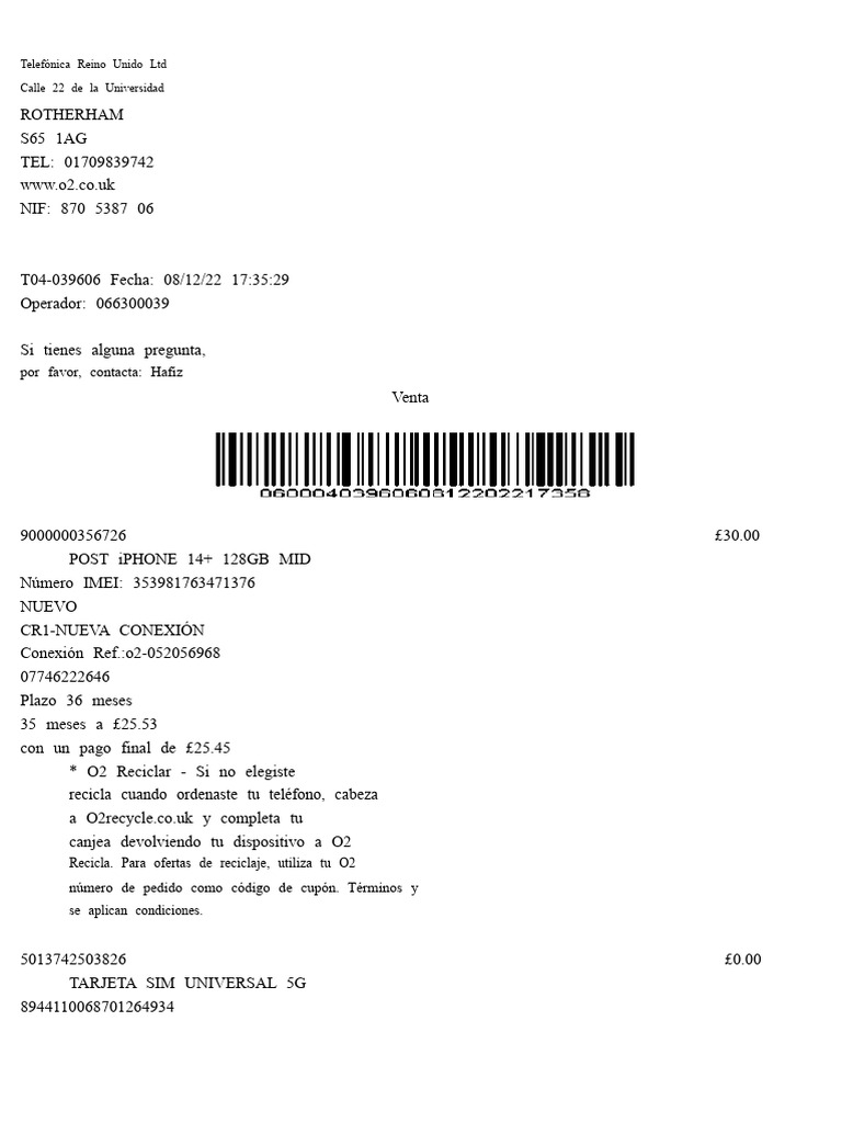 Recibo 0600039606081220221735 | PDF | Yo telefono | Industrias de servicio
