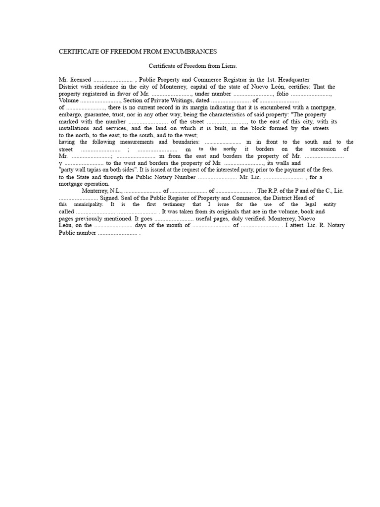 Certificate of Freedom From Encumbrance | PDF | Natural Resources Law ...