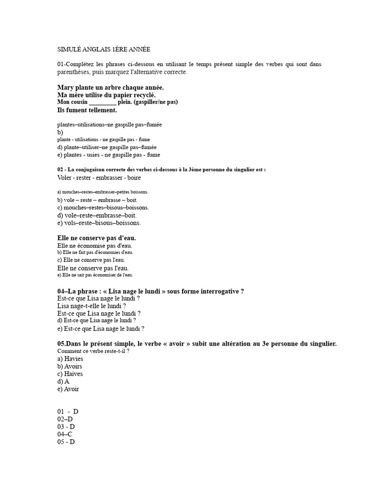 Exercice de Présent Simple Anglais 1ère Année | PDF