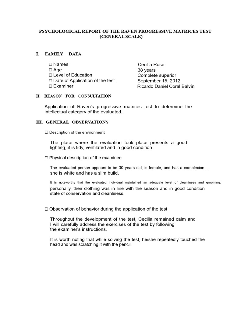 Raven's Progressive Matrices Report | PDF