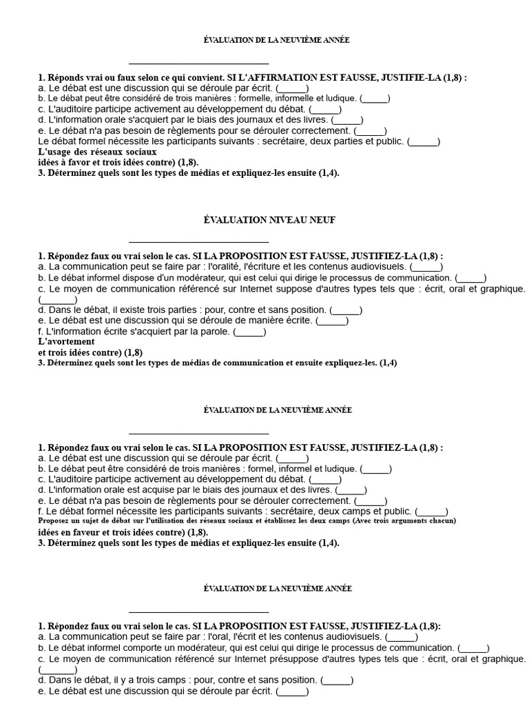 Évaluation de Débat en Neuvième Année | PDF | Informations ...