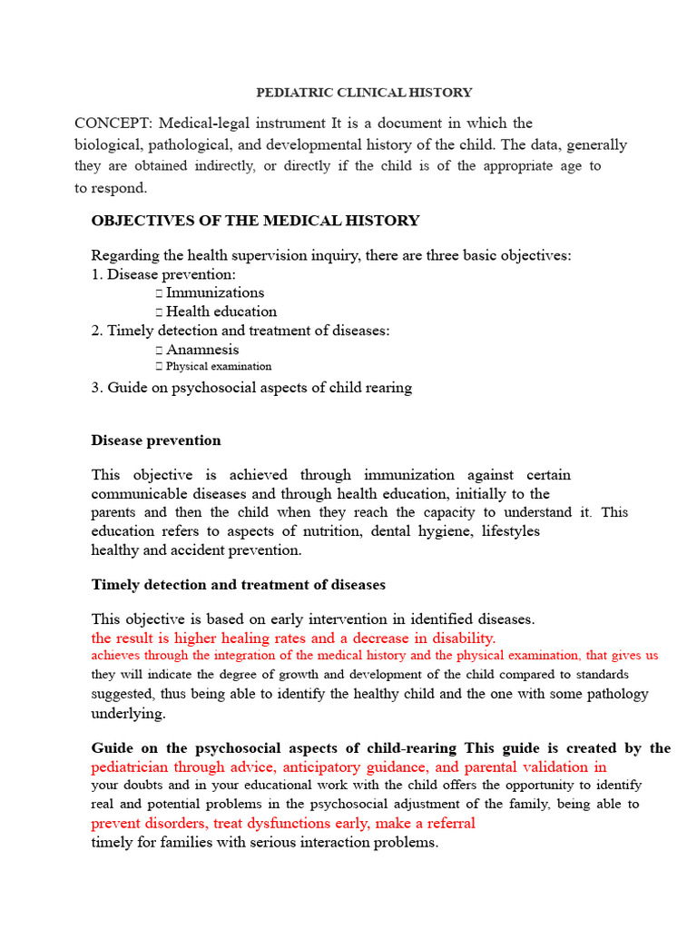 Pediatric Clinical History Overview | PDF | Preventive Healthcare ...