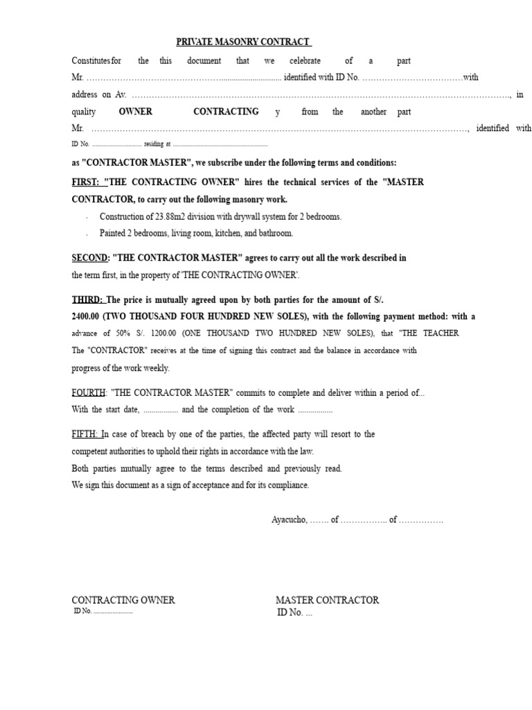 Private Masonry Contract Agreement | PDF | Consent | Law Of Obligations