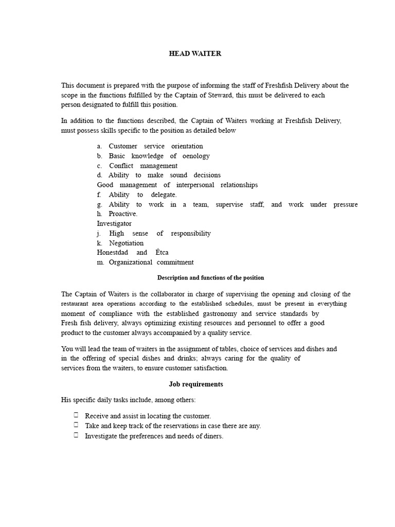 Head Waiter Duties and Responsibilities | PDF | Waiting Staff | Restaurants