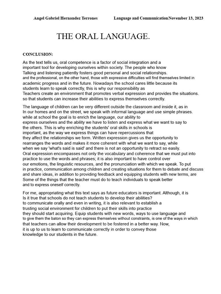 Conclusion of Oral Language | PDF | Communication | Vocabulary