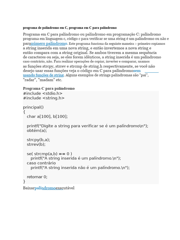 Programa Palíndromo em C | PDF | String (Ciência da Computação ...