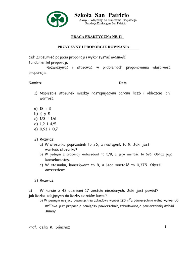 Praca Praktyczna NR 11 Powody I Proporcje Równania | PDF