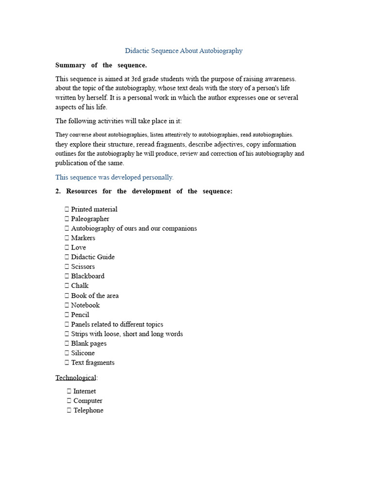 Didactic Sequence for Autobiography Lessons | PDF | Reading ...