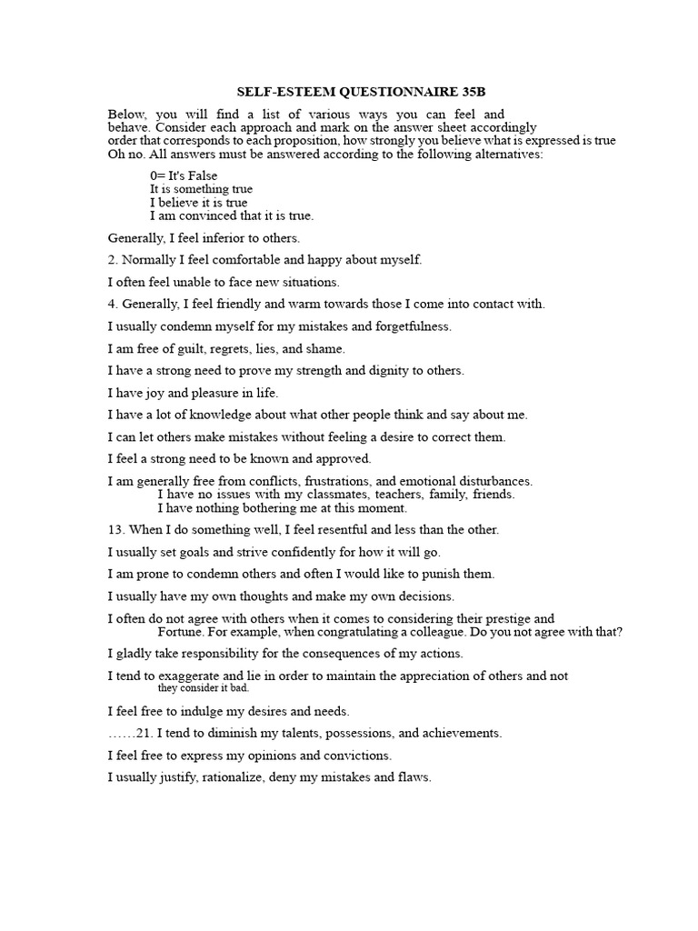 Self-Esteem Questionnaire 35b | PDF | Self Esteem | Emotions