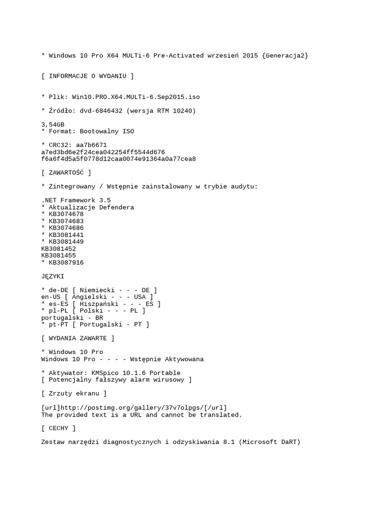 Windows 10 Pro X64 MULTi-6 Pre-Activated Sep2015 {Generation2}.txt | PDF