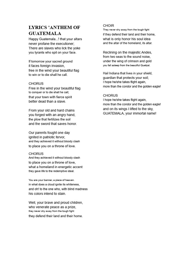 Lyrics of The National Anthem of Guatemala | PDF