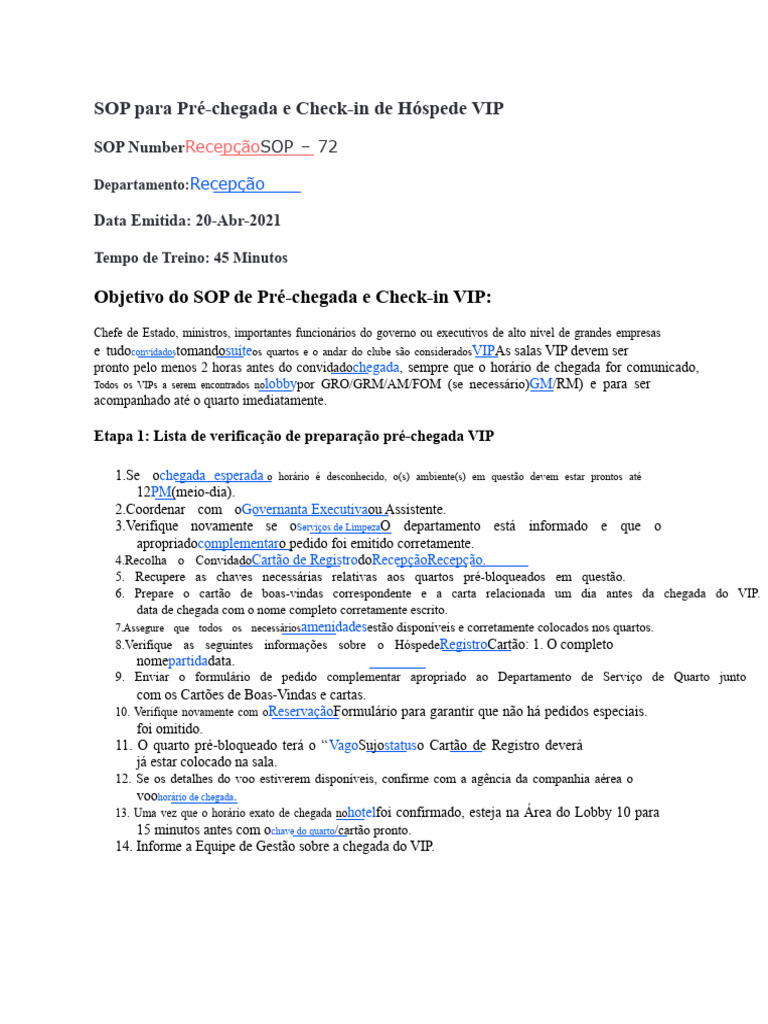 SOP de Pré-Chegada VIP | PDF