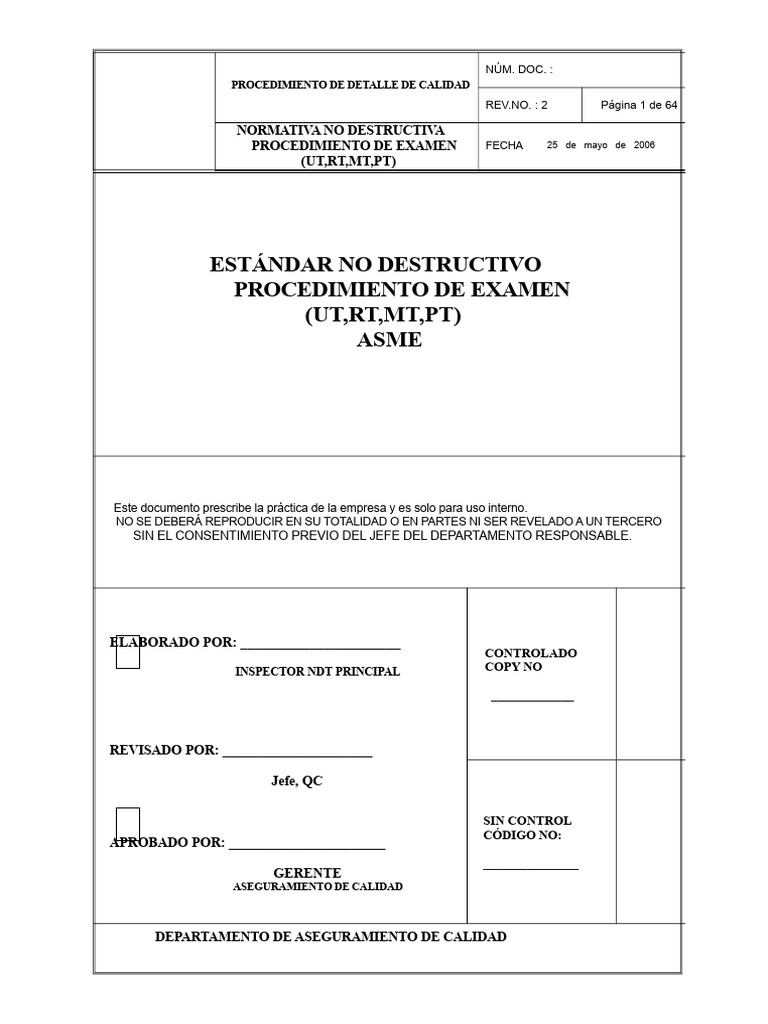 Procedimiento de Pruebas No Destructivas UT, RT, MT, PT (ASME) | PDF | Soldadura | Construcción