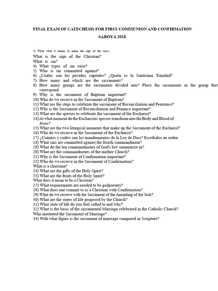 Final Exam of Catechesis First Communion and Confirmation | PDF ...